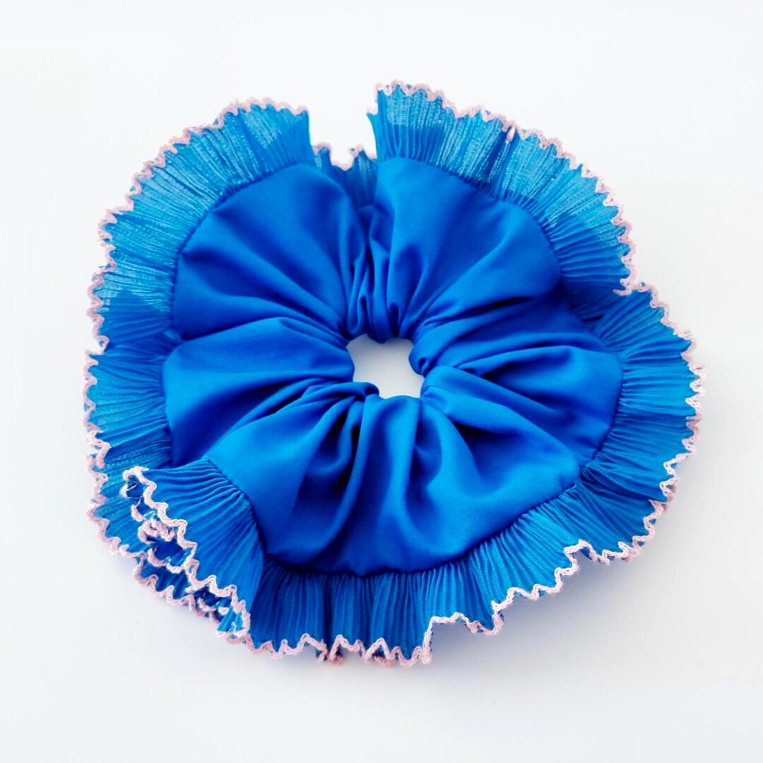 Royal Blue Scrunchie With Dark Blue and Pink Ruffle Trim - XL Frilly ...