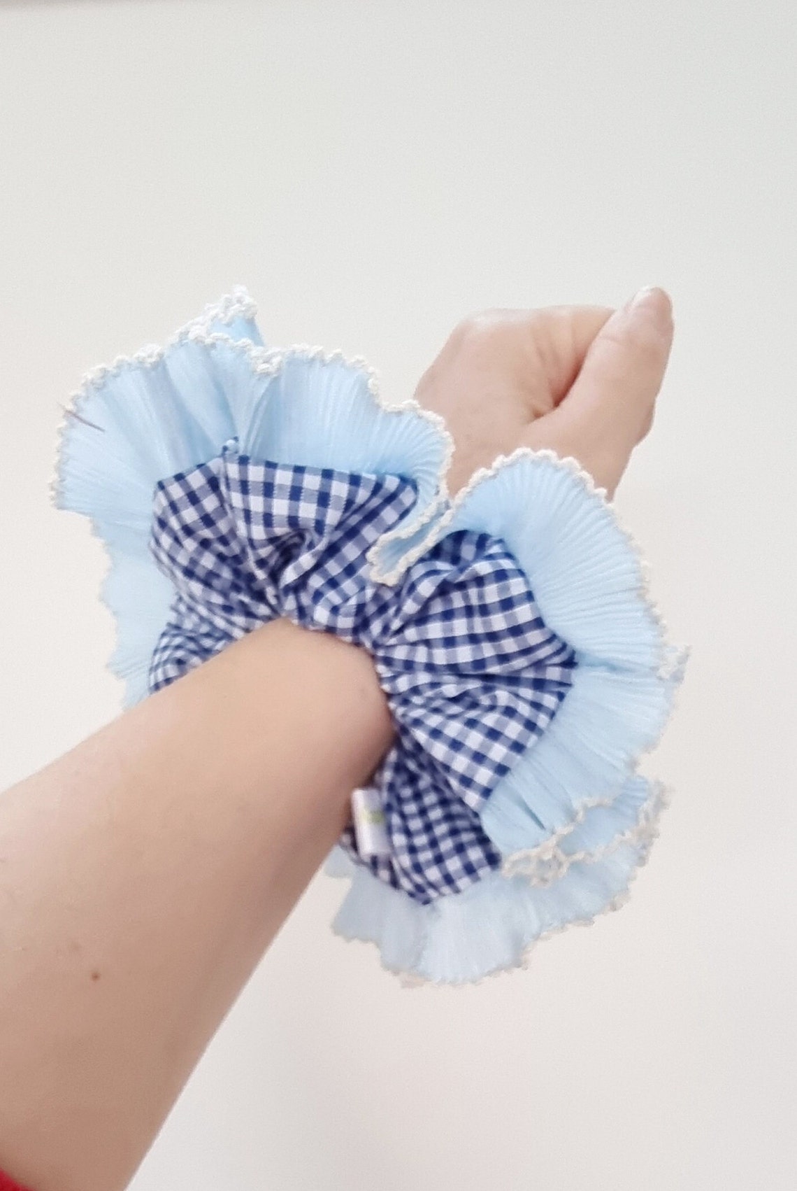 Navy Blue Gingham Scrunchie With Light Blue Ruffle Trim - Large Hair ...