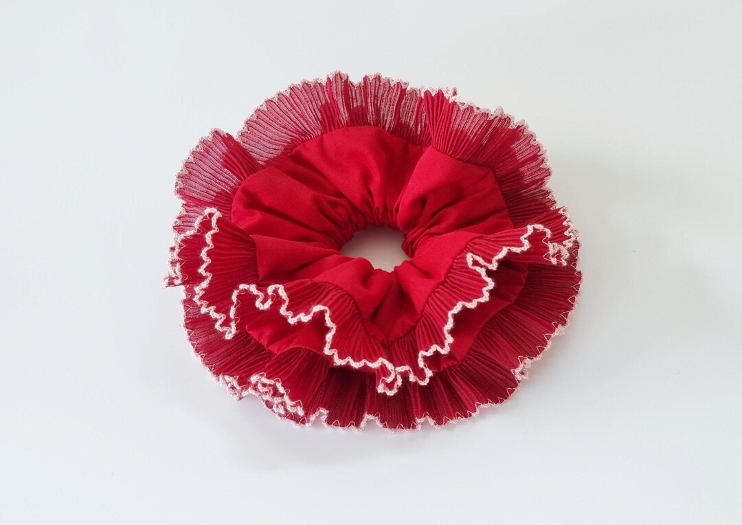 Oversized Red Double Layer Scrunchie With Dark Red and Pink Edges Frill ...