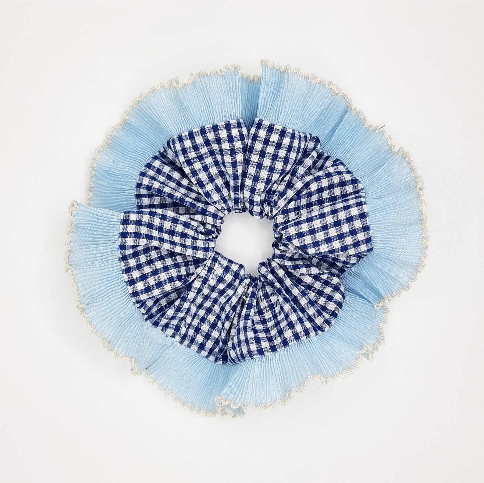 Navy Blue Gingham Scrunchie With Light Blue Ruffle Trim Handmade in UK ...