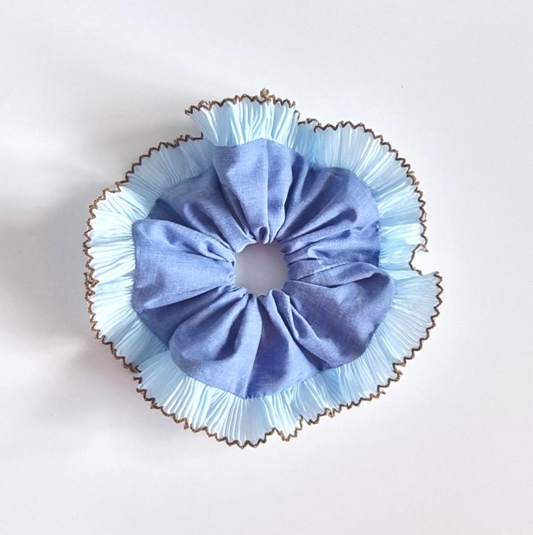 Denim Blue Color Frilly Scrunchie With Light Blue and Brown Ruffle Trim ...