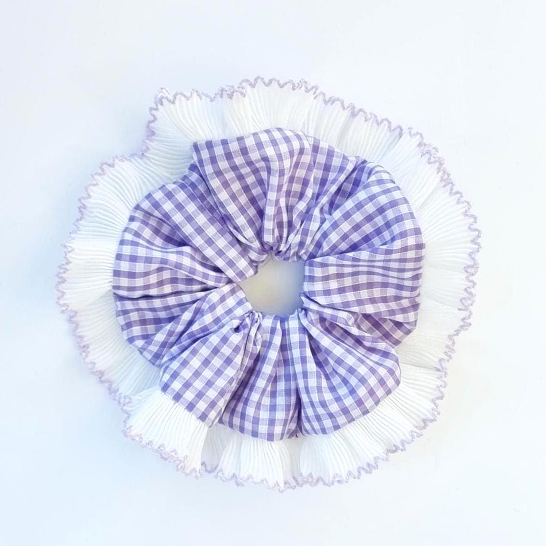 Lilac Gingham Scrunchie With Ruffle Lace Trim - Large Light Lilac Frill ...