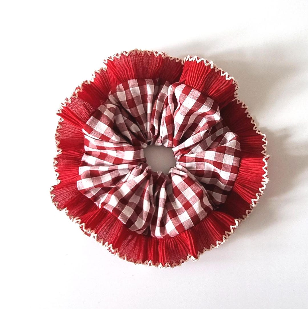 Burgundy Checked Hair Scrunchie With Wine Red/ Ivory Frilling Trim - XL ...