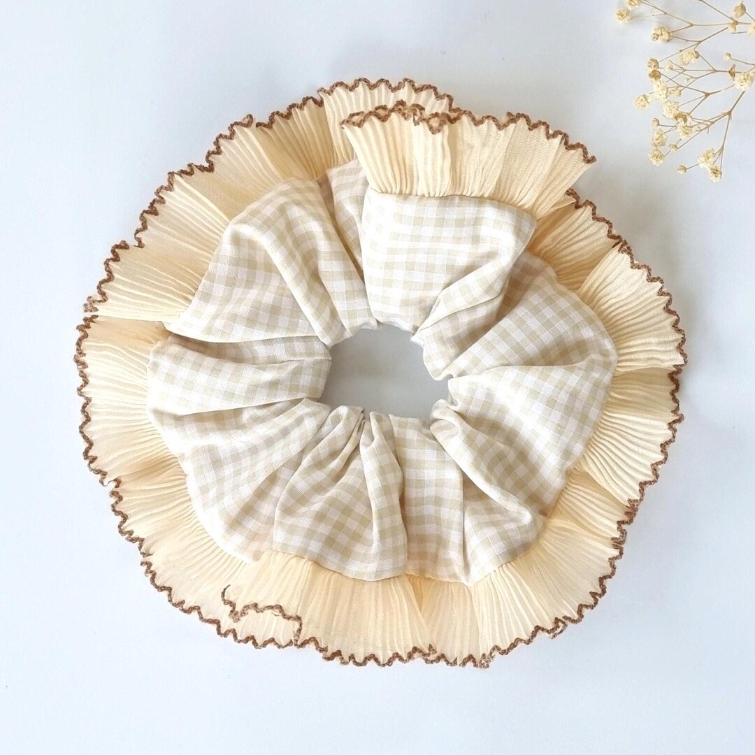 Gingham Ruffle Scrunchie – Handmade Beige Hair Accessory - Etsy