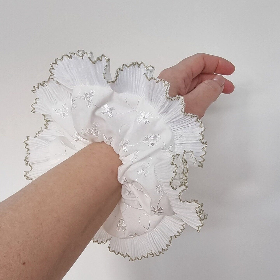 Ivory Broderie Scrunchie With off White and White Gold Ruffle Trim ...