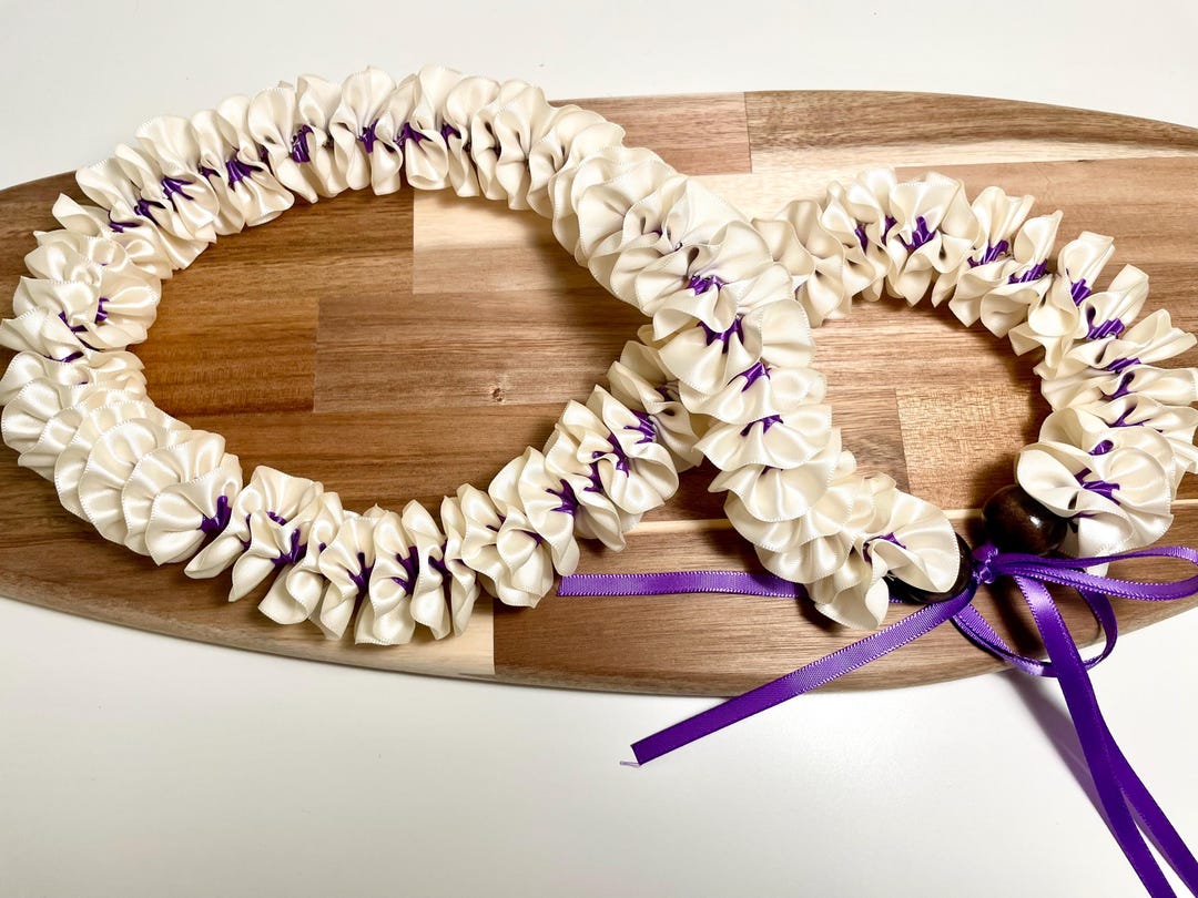 Plumeria Spiral Ribbon Lei W/ Wood Beads - Hawaiian Lei - Graduation ...