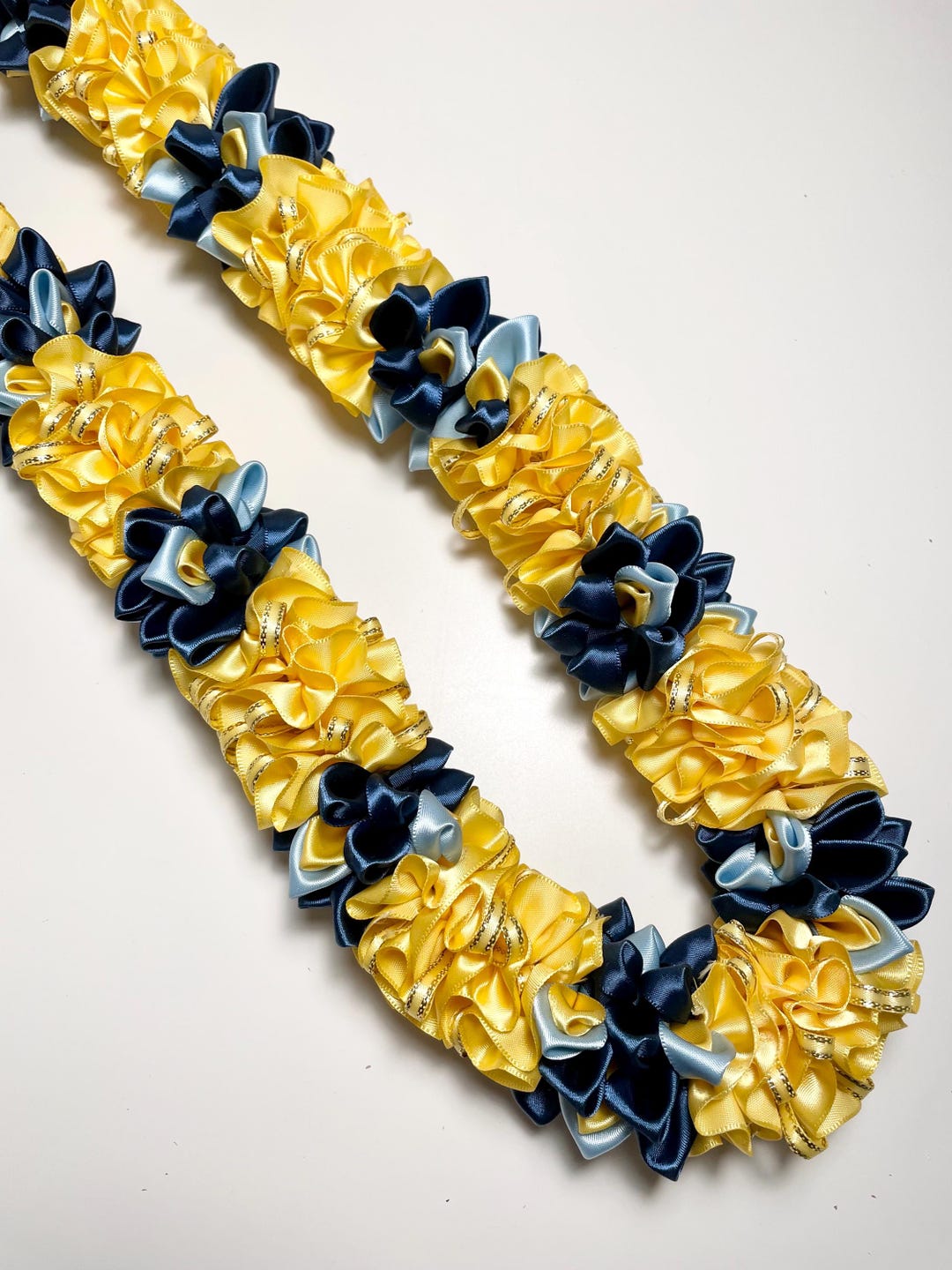 Gold & Blue Plumeria Style Ribbon Lei - Hawaiian Lei - Graduation Lei ...