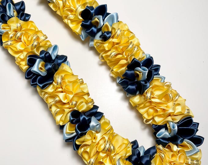 Gold & Blue Plumeria Style Ribbon Lei - Hawaiian Lei - Graduation Lei ...