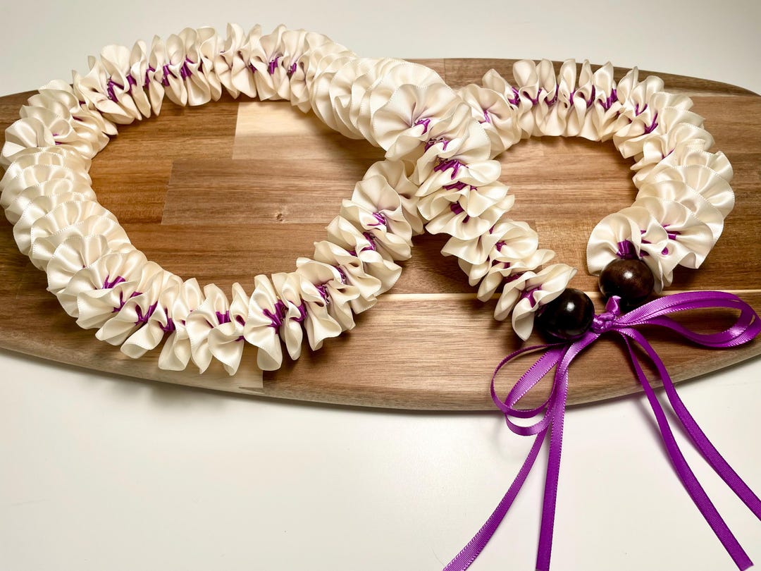 Plumeria Spiral Ribbon Lei W/ Wood Beads - Hawaiian Lei - Graduation ...