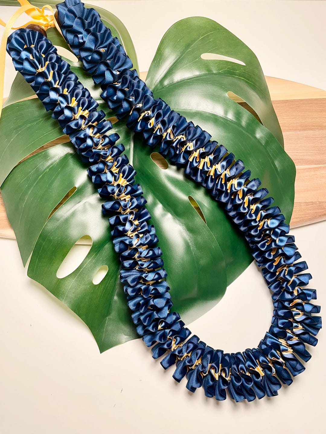 Navy Blue & Gold - Satin Spiral Ribbon Lei W/ Wood Beads - Hawaiian Lei ...