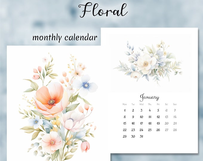 Printable Calendar 2025, Floral, Watercolor Flowers, Artistic Monthly ...