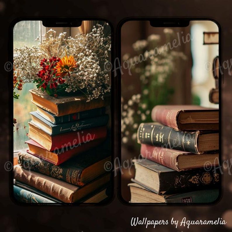 Stacked Books Library Academia Phone Wallpapers, Digital Download ...