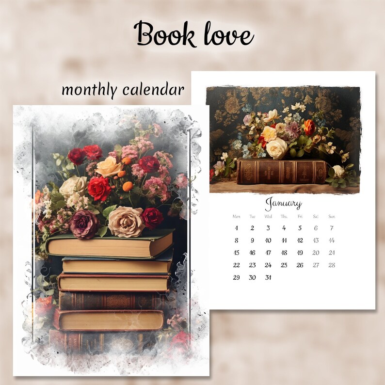 Printable Calendar 2025, Book Love, Artistic Monthly Calendar Printable ...