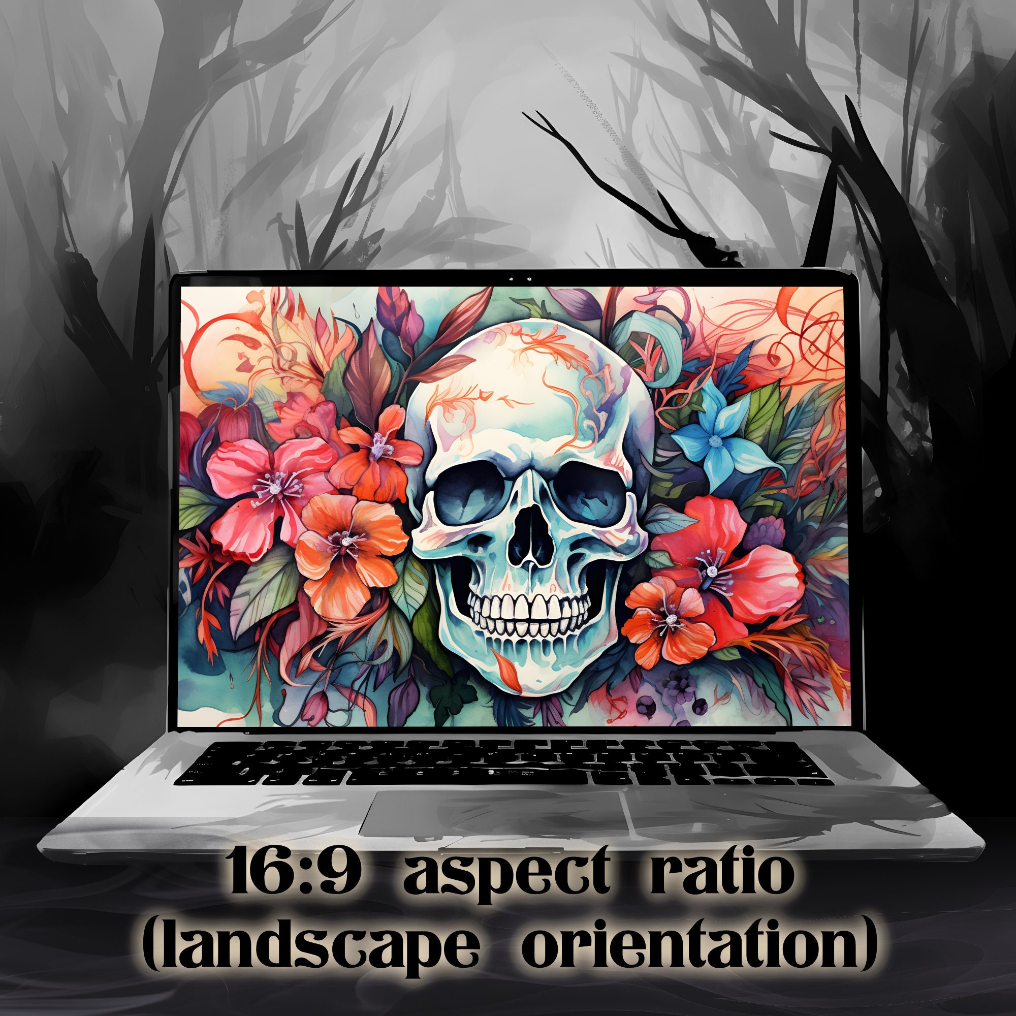 Floral White Skull Desktop Wallpapers, Bundle of 9 Vintage Horror ...