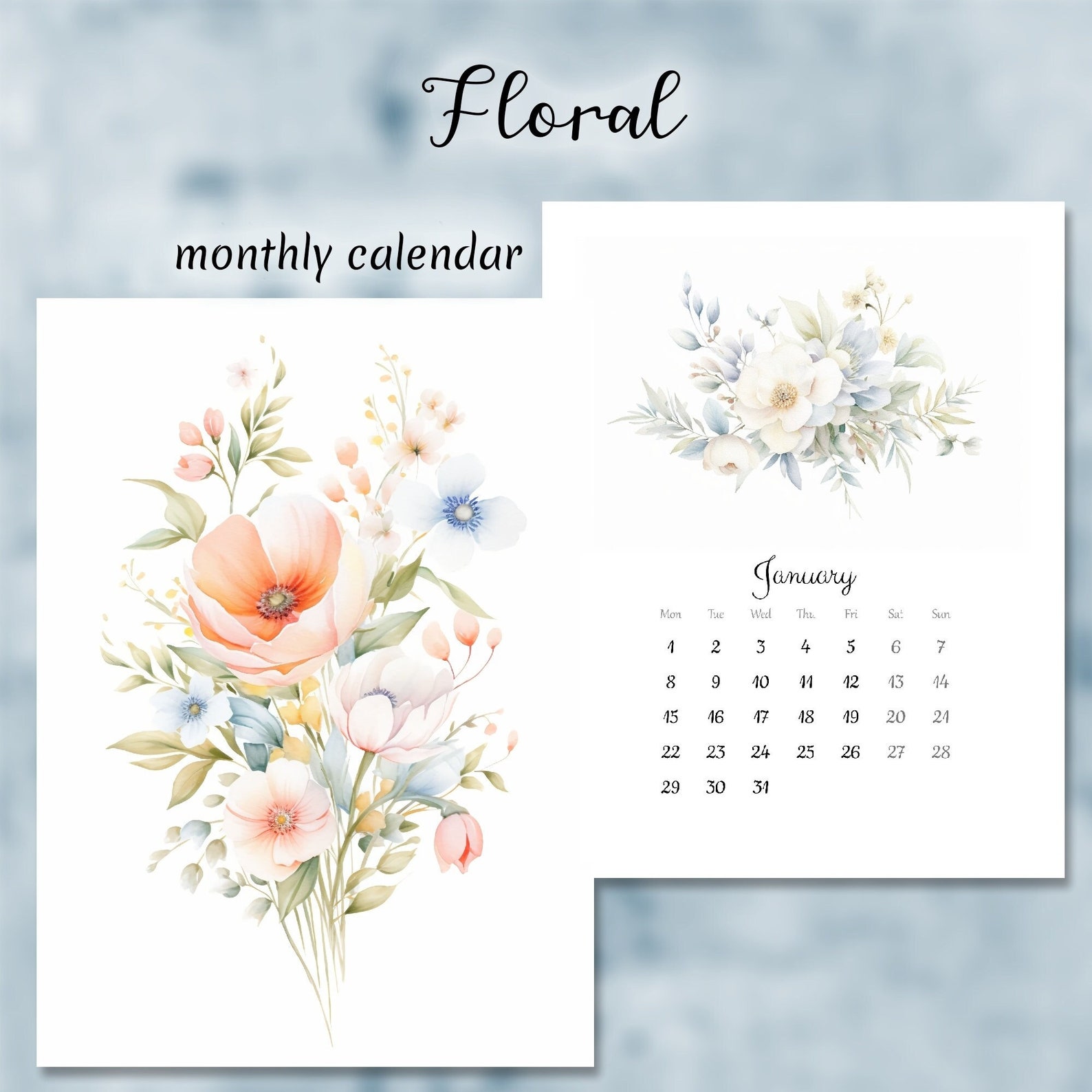 Printable Calendar 2025, Floral, Watercolor Flowers, Artistic Monthly ...