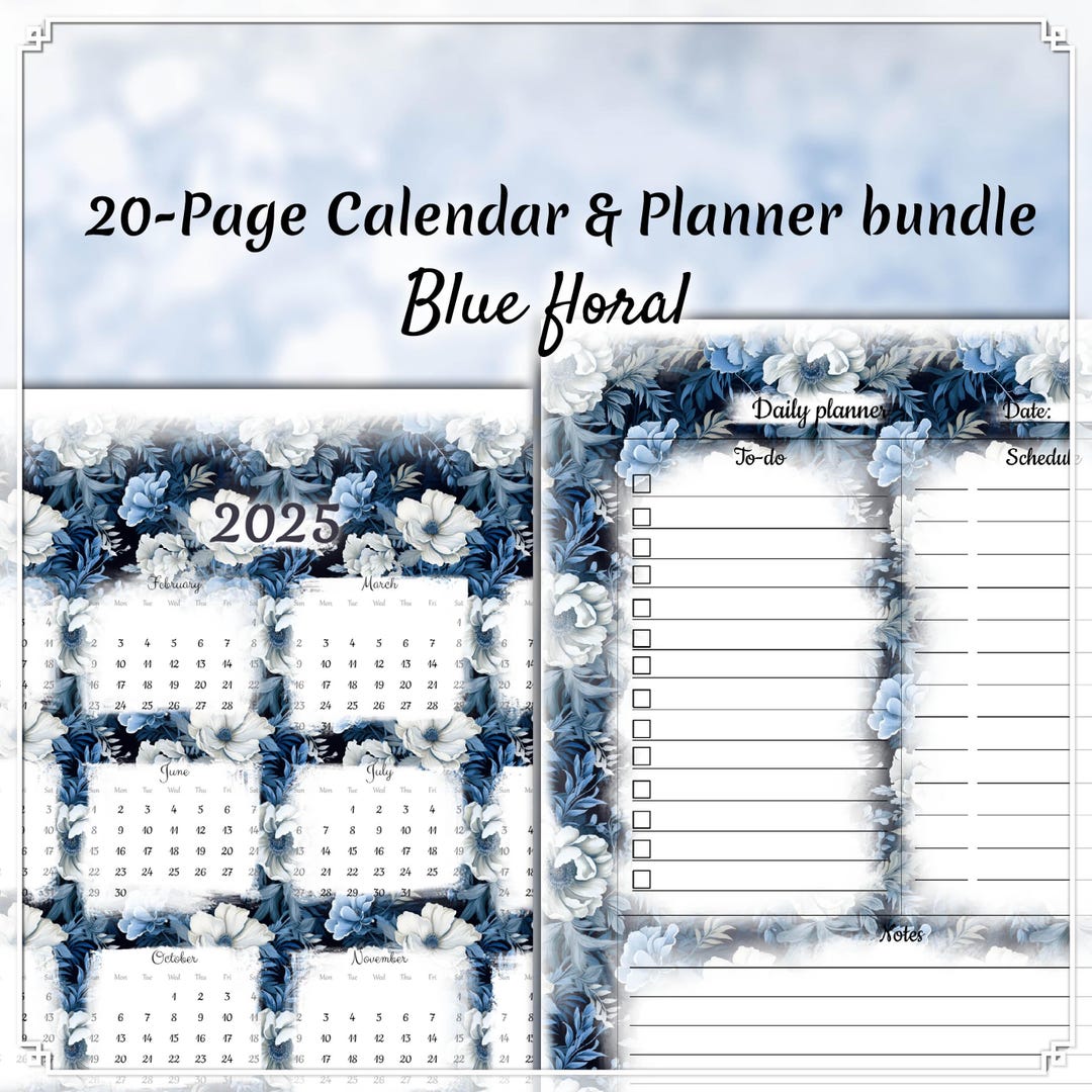 Blue Floral, Daily Monthly Yearly Planner and Calendar Bundle ...