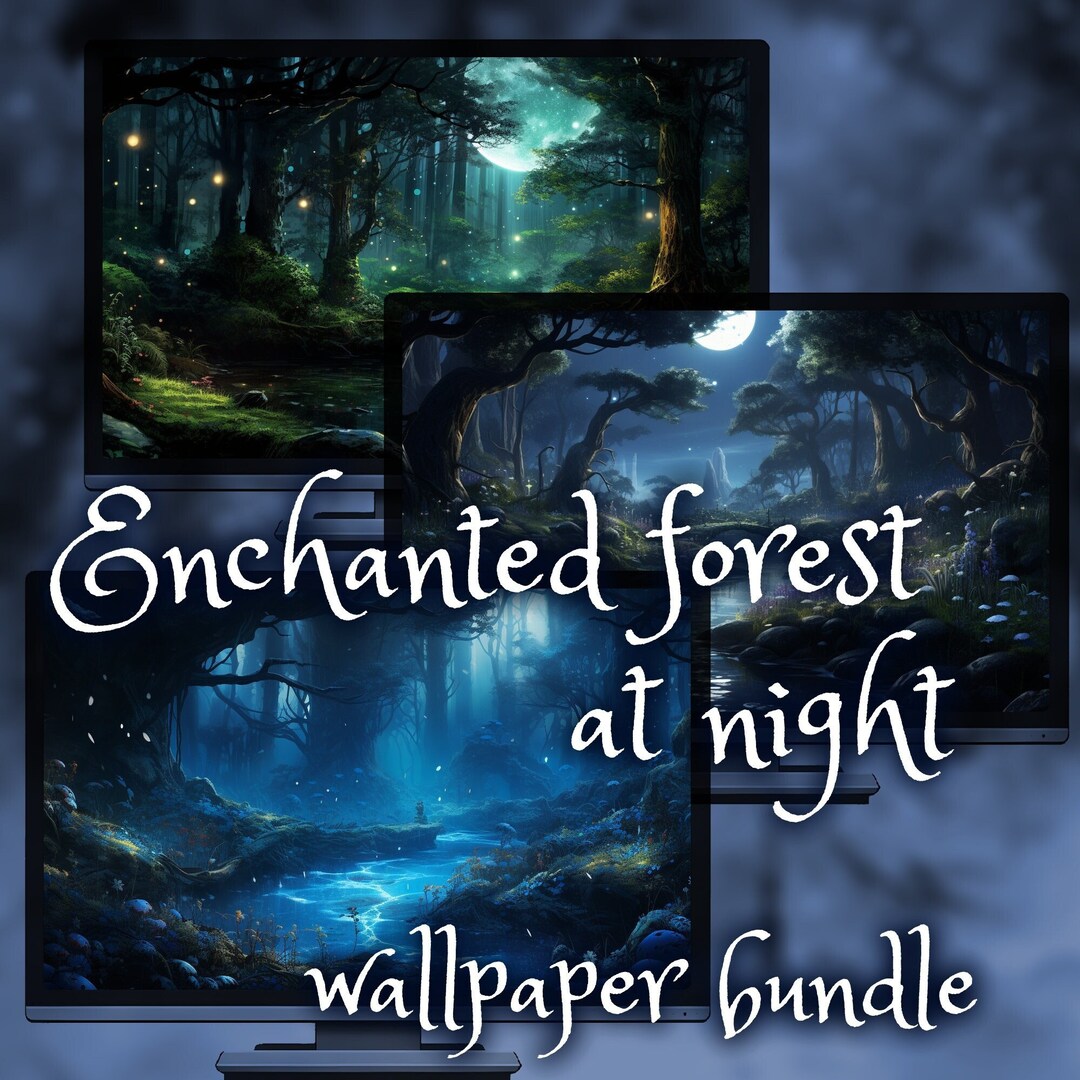 Enchanted Forest at Night Desktop Wallpapers, Bundle of 6 Dark Blue ...