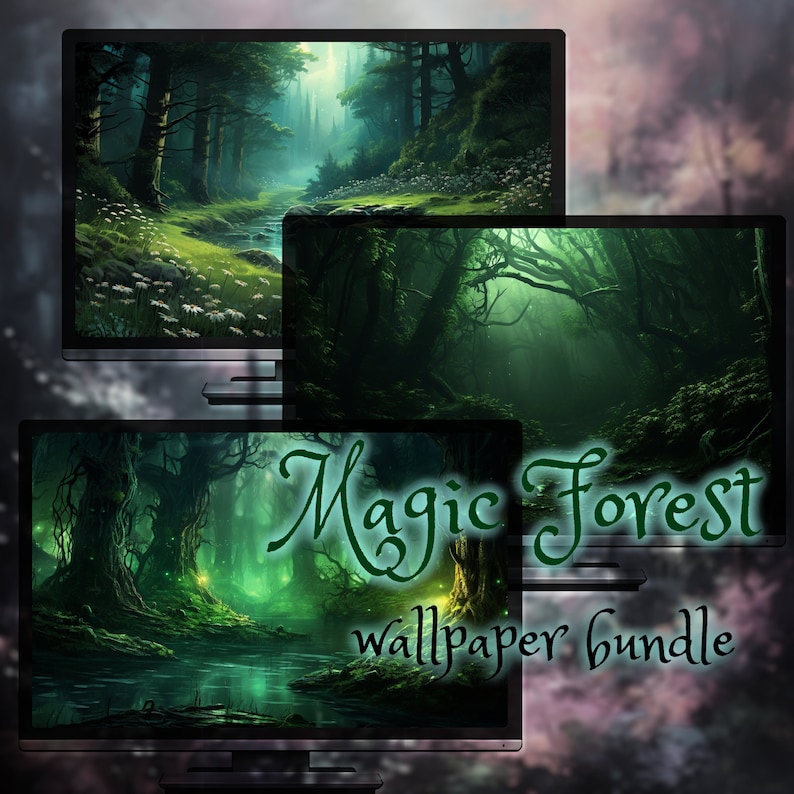 Magic Forest Desktop Wallpapers, Bundle of 8 Enchanted Deep Forest & Lake With Flowers Computer ...