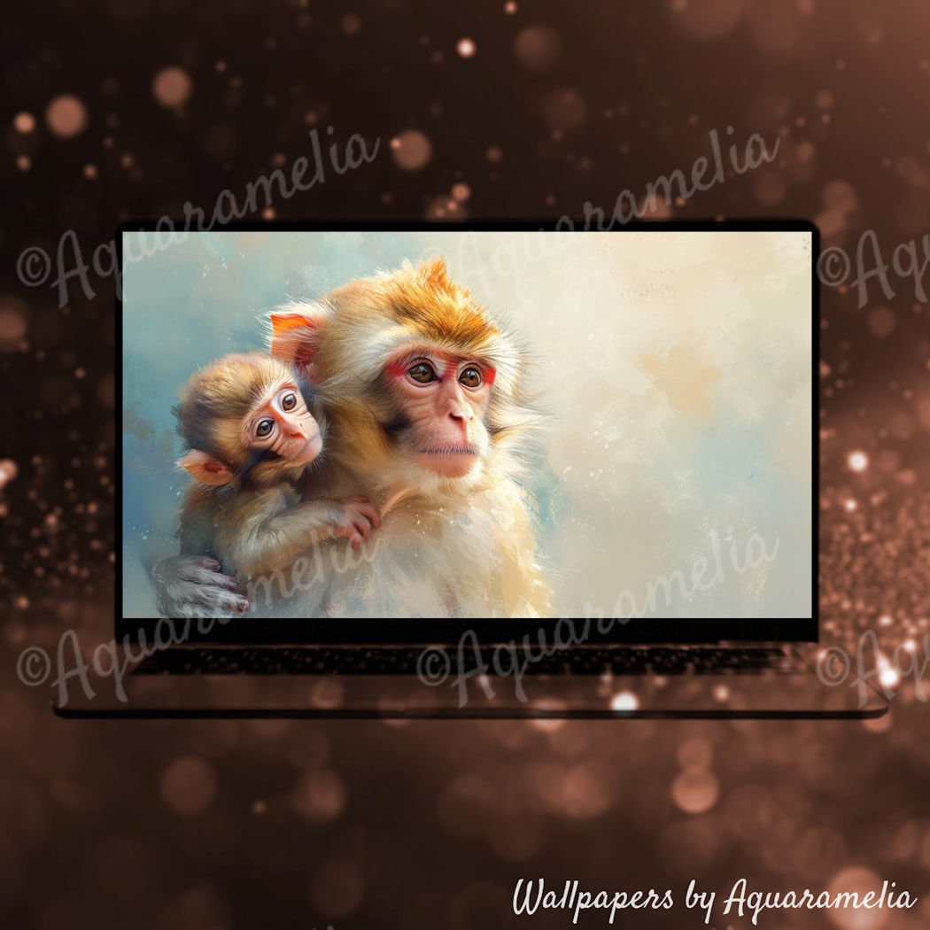 Cute Monkey Desktop Wallpaper, Cute Animal Wallpaper, Mothers Day Gift ...