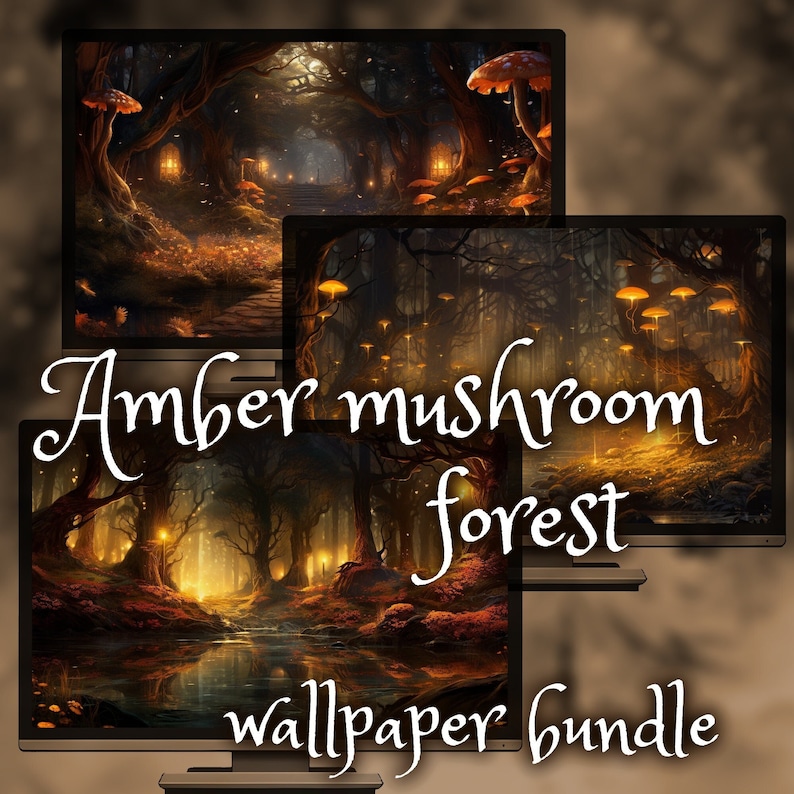 Amber Mushroom Forest Desktop Wallpapers, Bundle of 7 Cozy Autumn ...