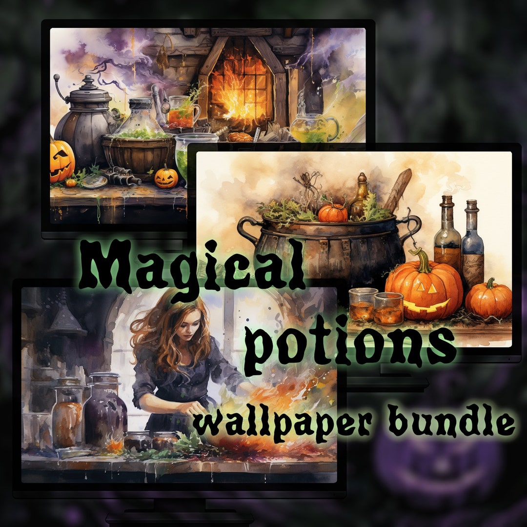 Magical Potions Desktop Wallpapers, Bundle of 8 Witch Brewing Halloween ...