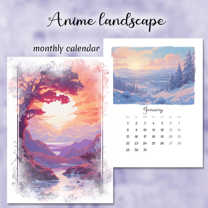 Printable Calendar 2025, Anime Landscape, Artistic Monthly Calendar ...