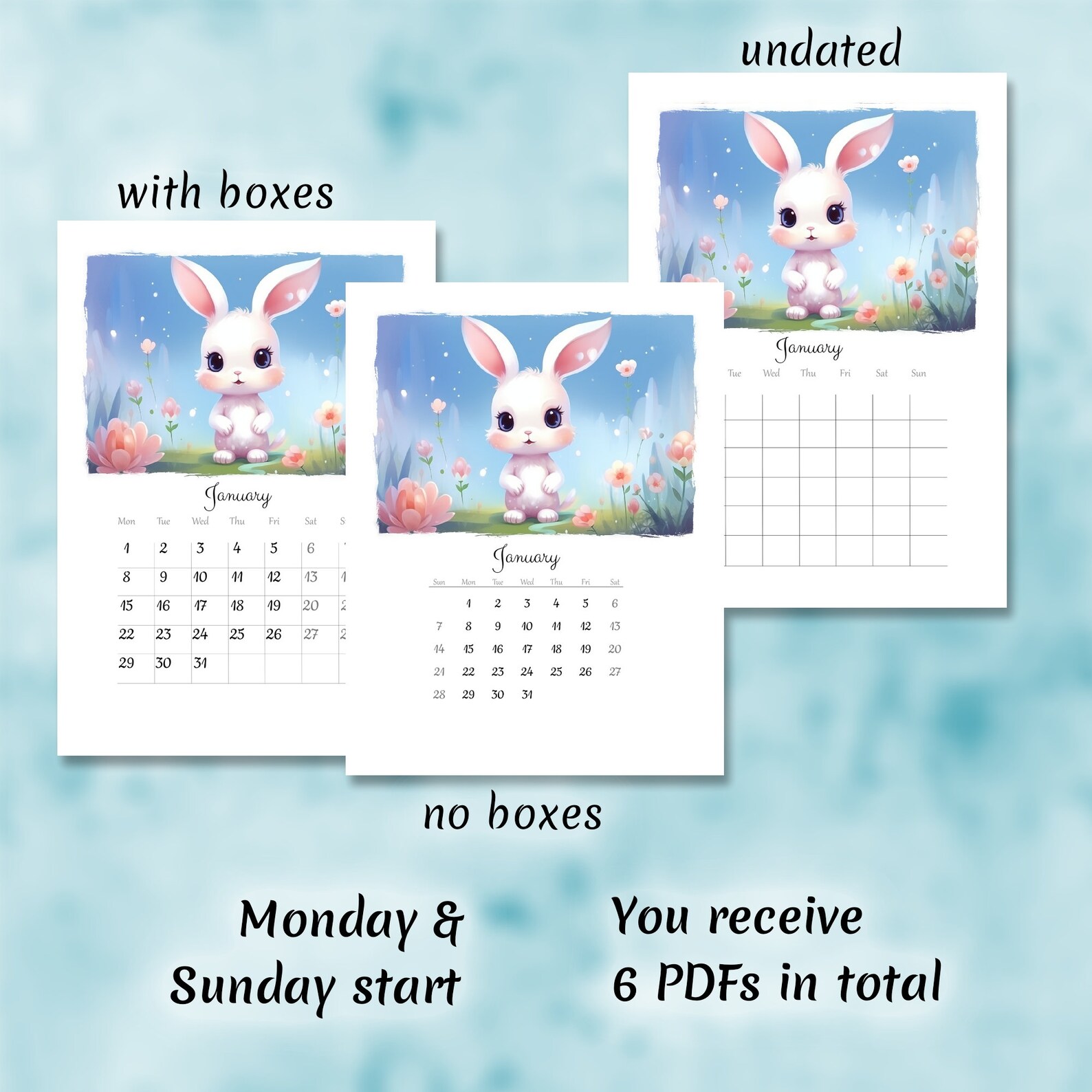 Printable Calendar 2025, Cute Bunny, Artistic Monthly Calendar ...
