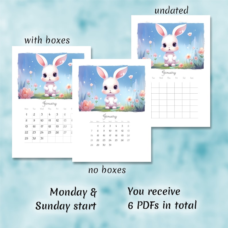 Printable Calendar 2025, Cute Bunny, Artistic Monthly Calendar ...
