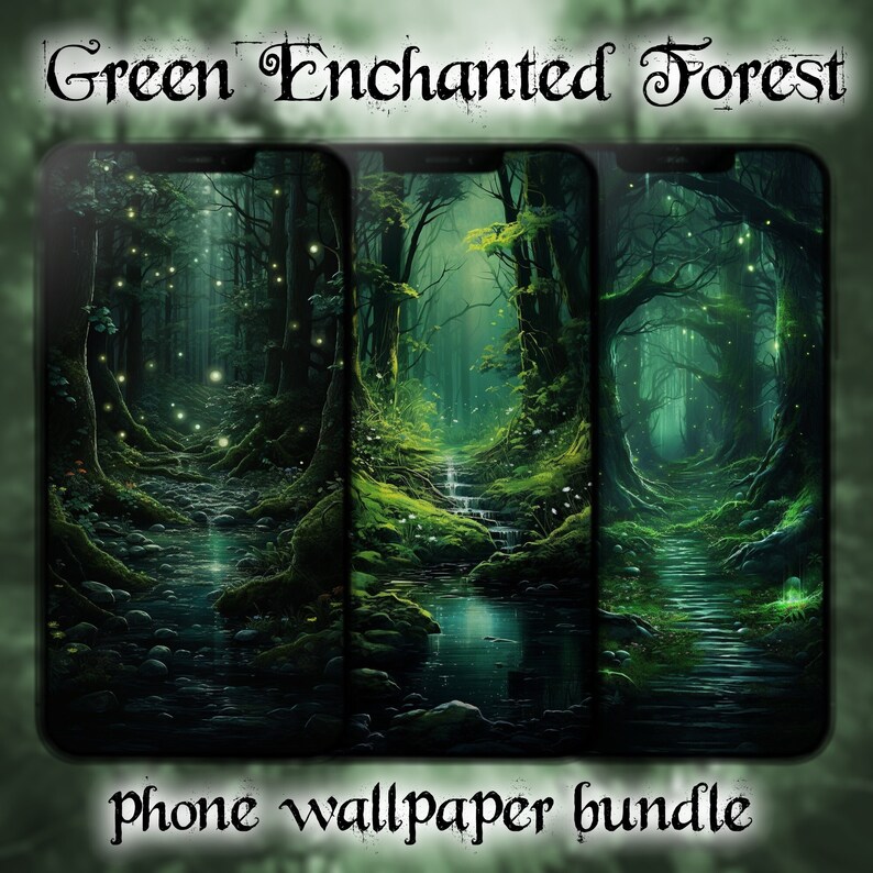 Green Enchanted Forest Phone Wallpapers, Bundle of 8 Magical Fantasy ...