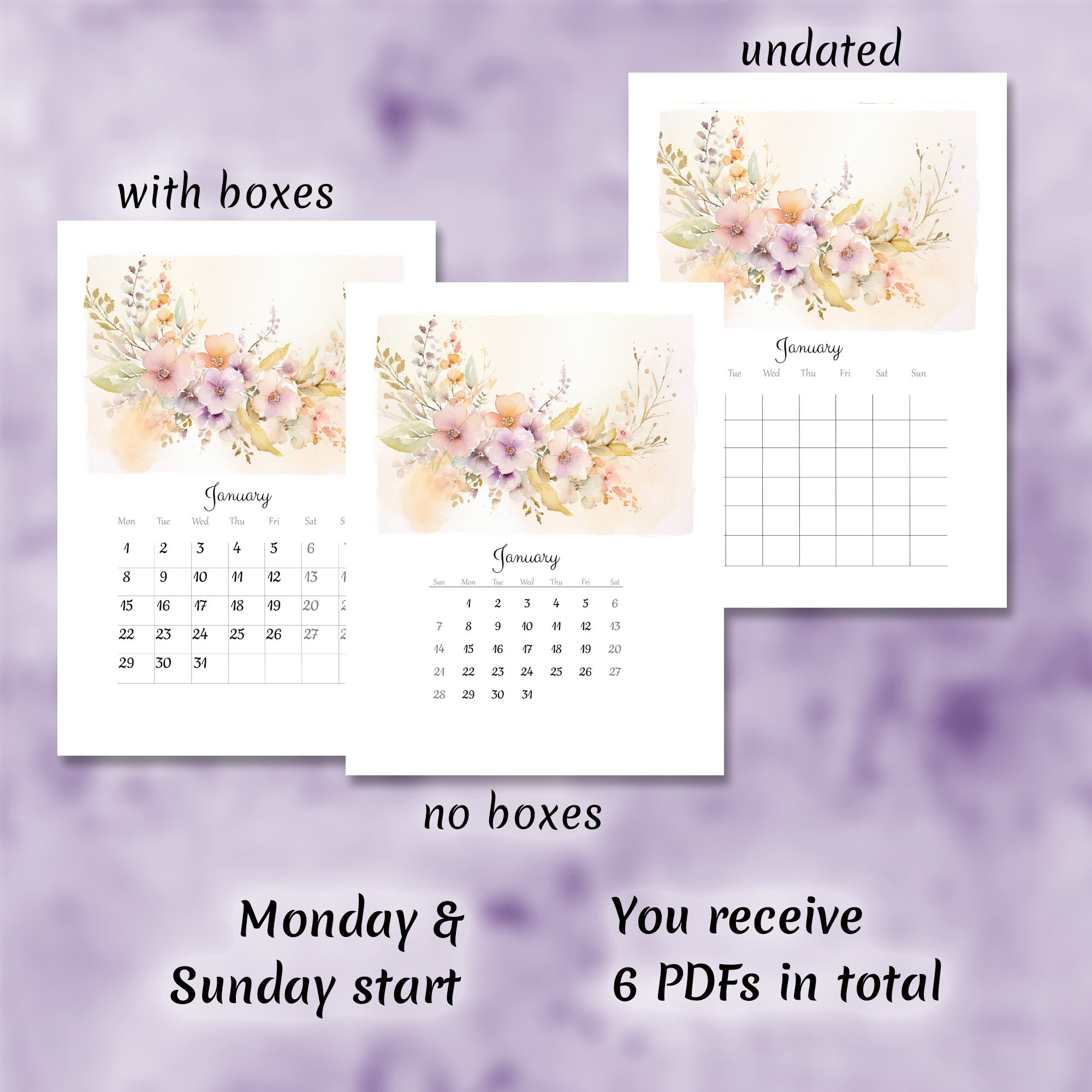 Printable Calendar 2024, Boho Floral, Watercolor, Artistic Monthly ...