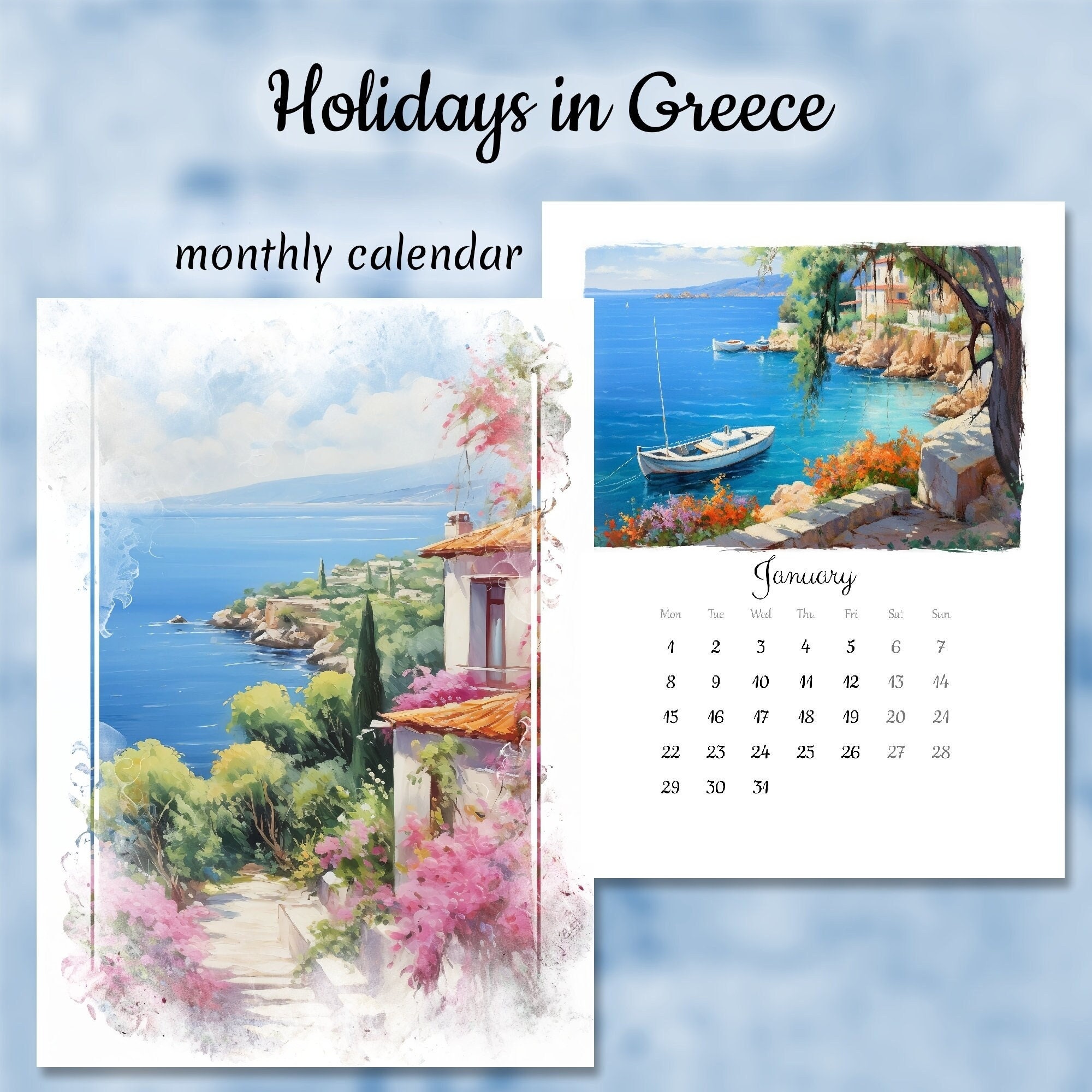 Printable Calendar 2025, Holidays in Greece, Artistic Monthly Calendar ...