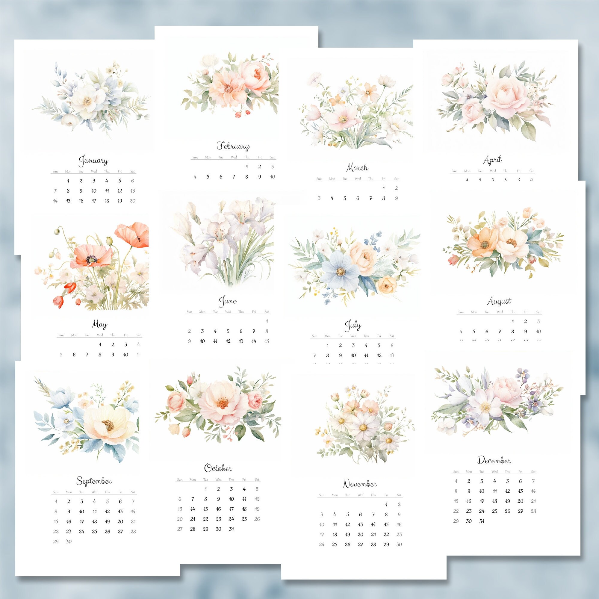 Printable Calendar 2025, Floral, Watercolor Flowers, Artistic Monthly ...