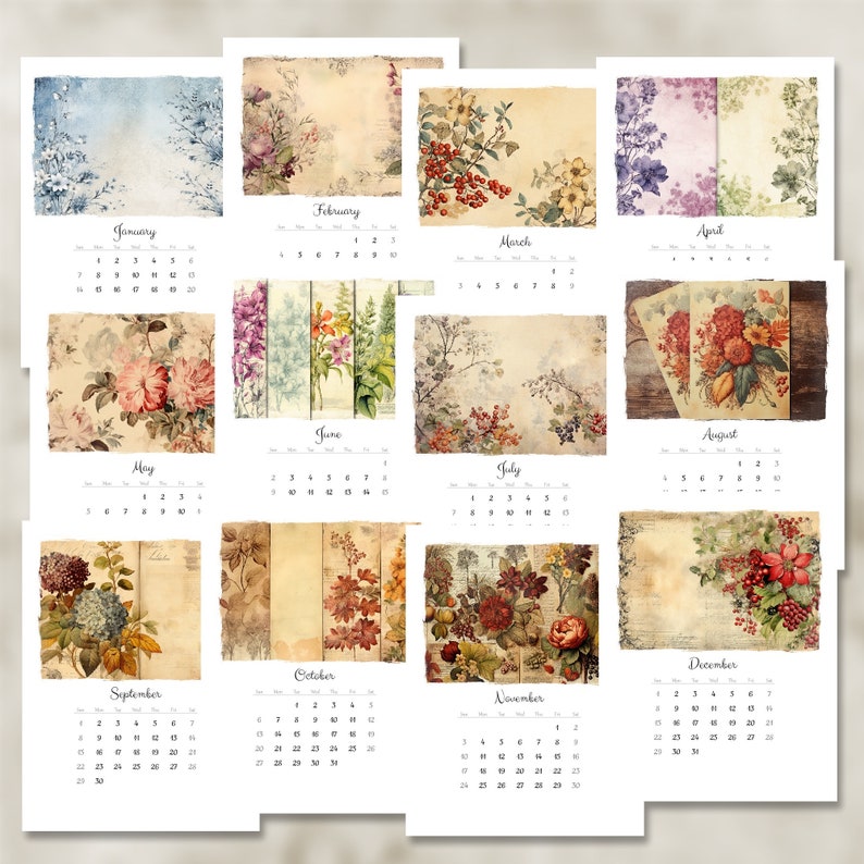 Printable Calendar 2025, Vintage Floral, Artistic Monthly Calendar ...