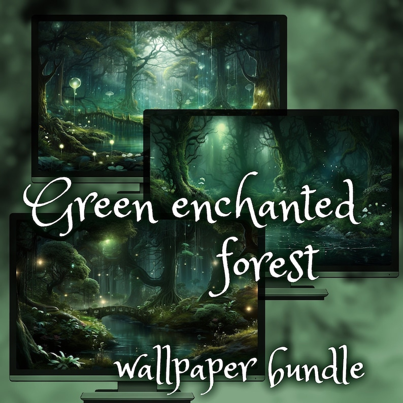 Green Enchanted Forest Desktop Wallpapers, Bundle of 7 Fantasy Fairy Magic Forest Computer ...