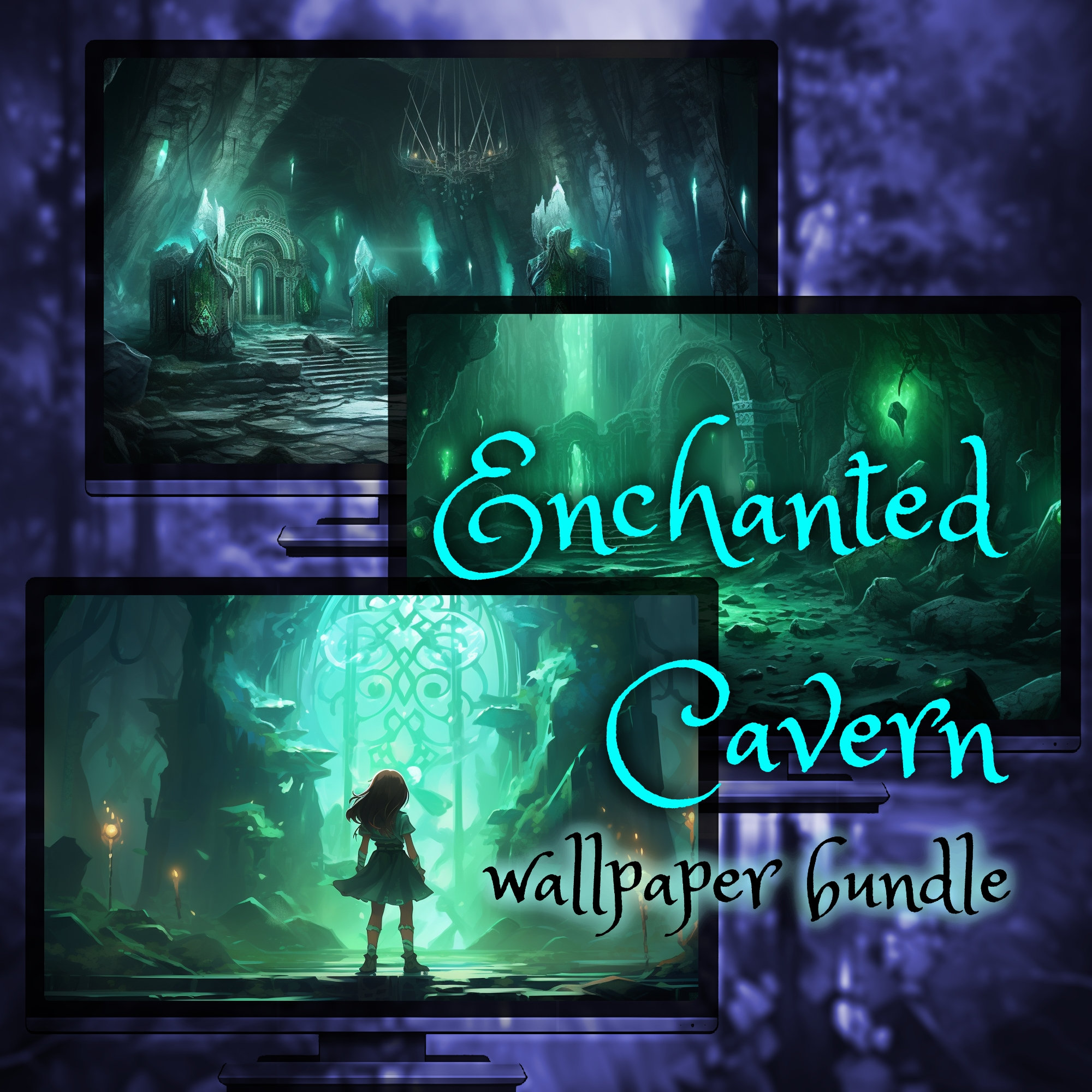 Enchanted Cavern Desktop Wallpapers, Bundle of 8 Magical Cave With Runes and Witch Girl Computer ...