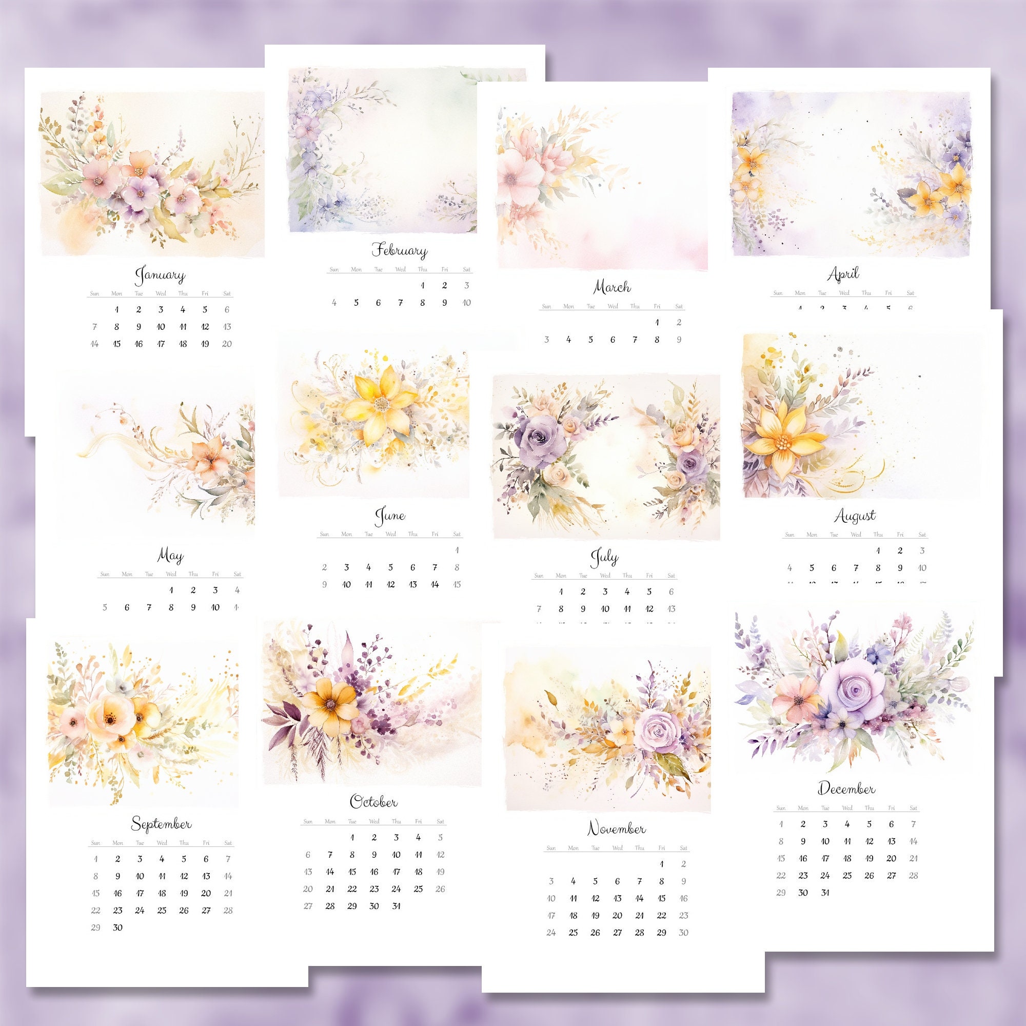 Printable Calendar 2024, Boho Floral, Watercolor, Artistic Monthly ...