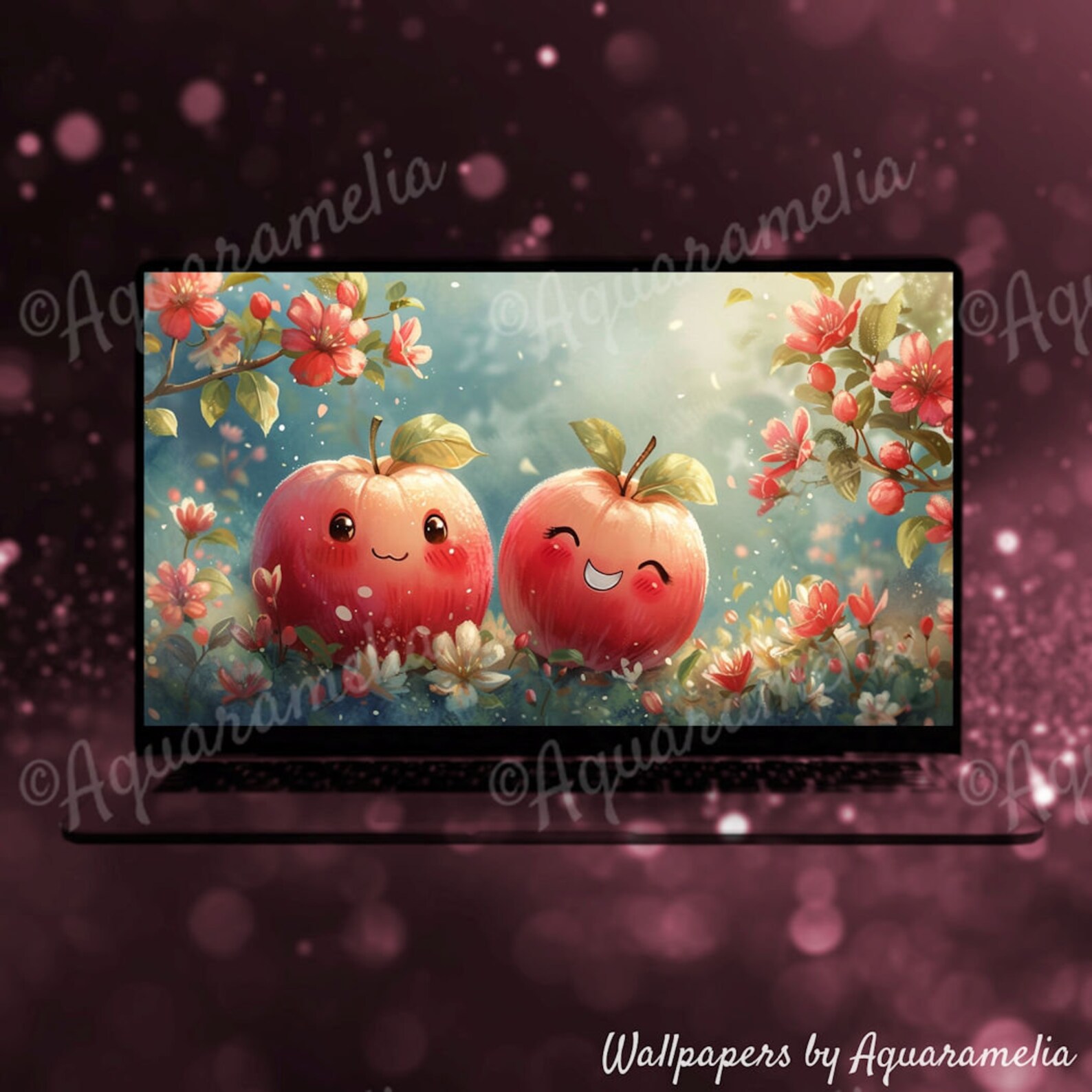 Cute Fruit Desktop Wallpaper, Kawaii Fruit Wallpaper, Food Lovers Gift ...