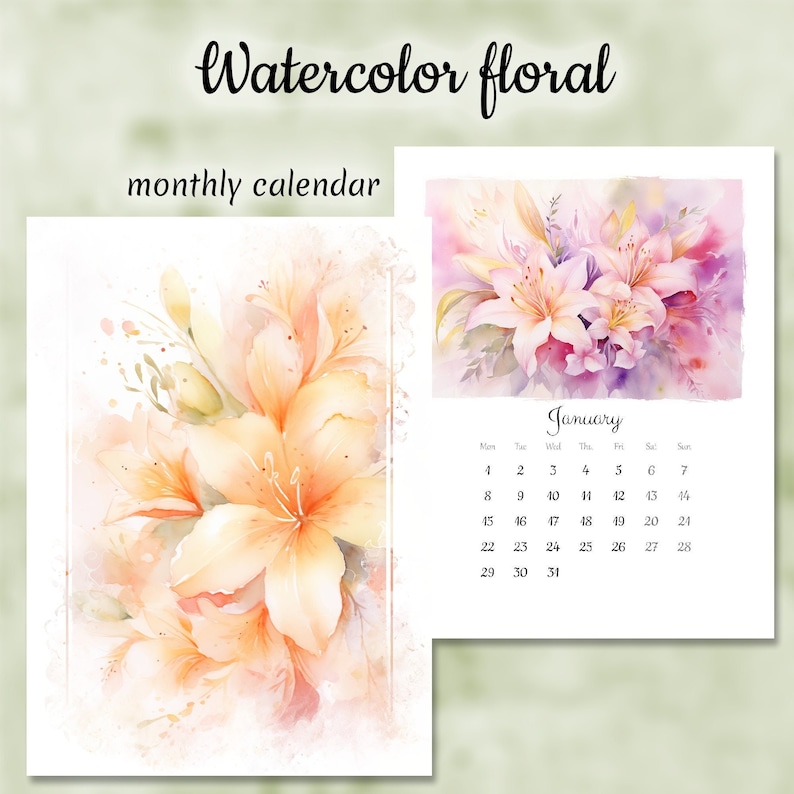 Printable Calendar 2024, Watercolor Floral, Artistic Monthly Calendar ...