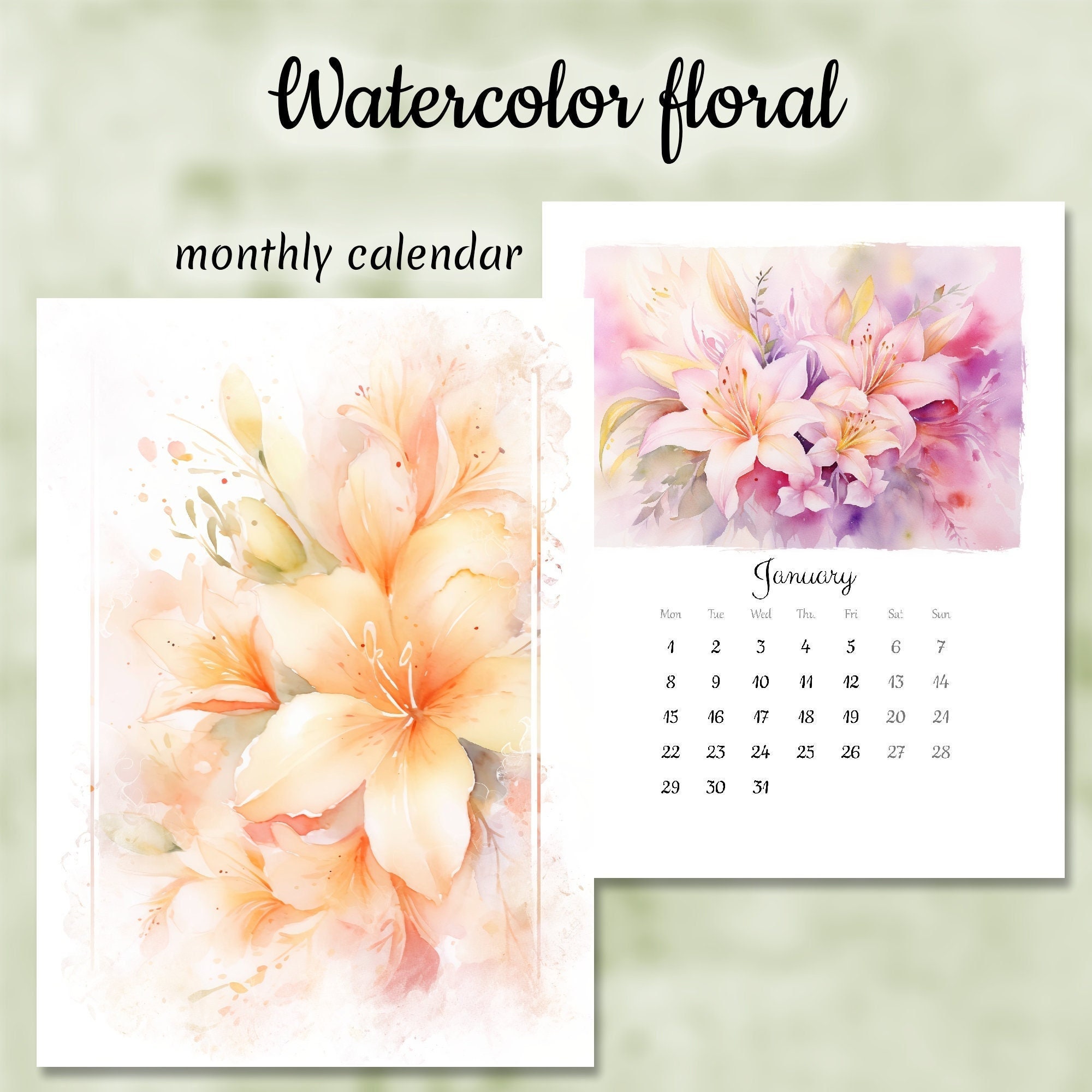 Printable Calendar 2024, Watercolor Floral, Artistic Monthly Calendar ...