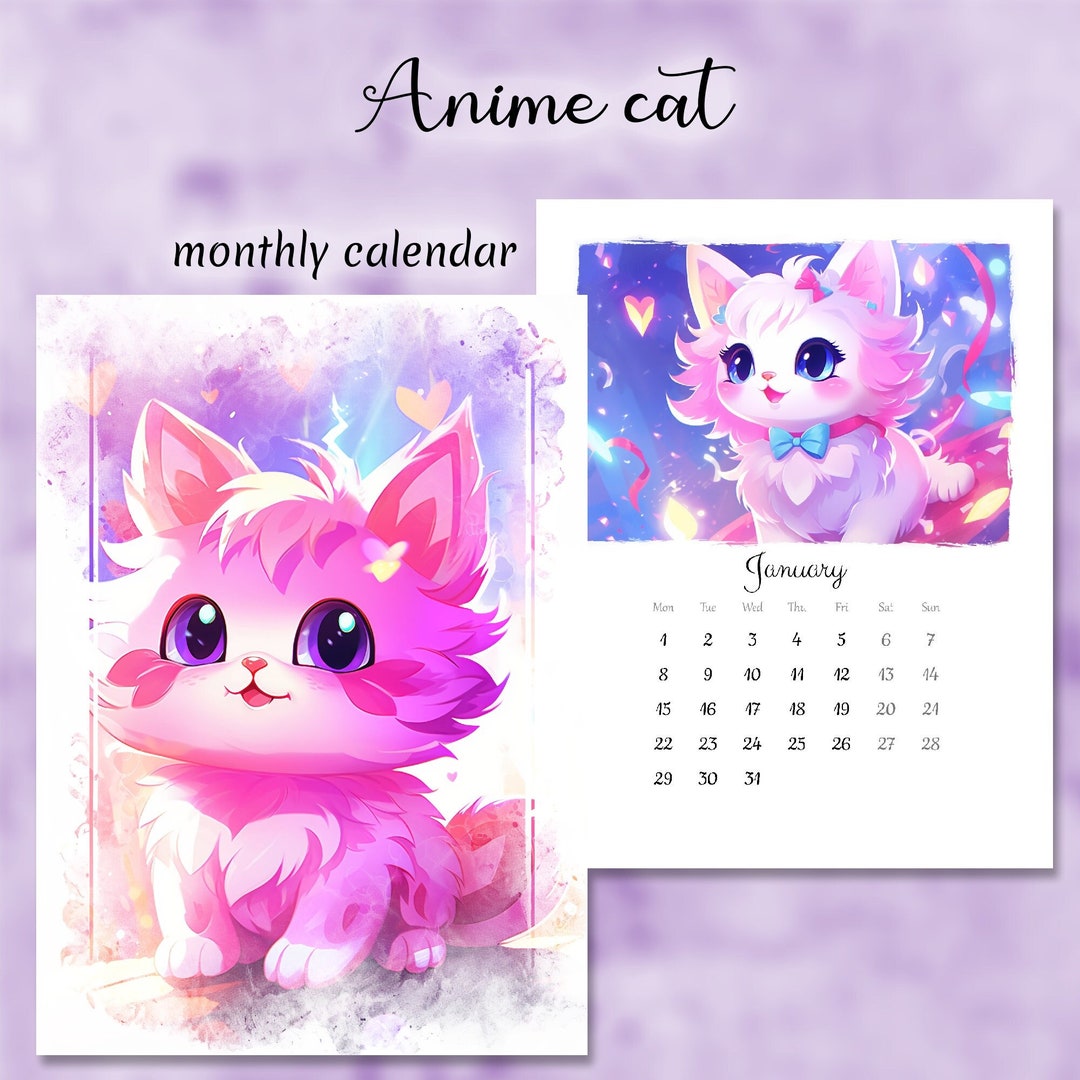 Printable Calendar 2024, Anime Cat, Artistic Monthly Calendar Printable ...