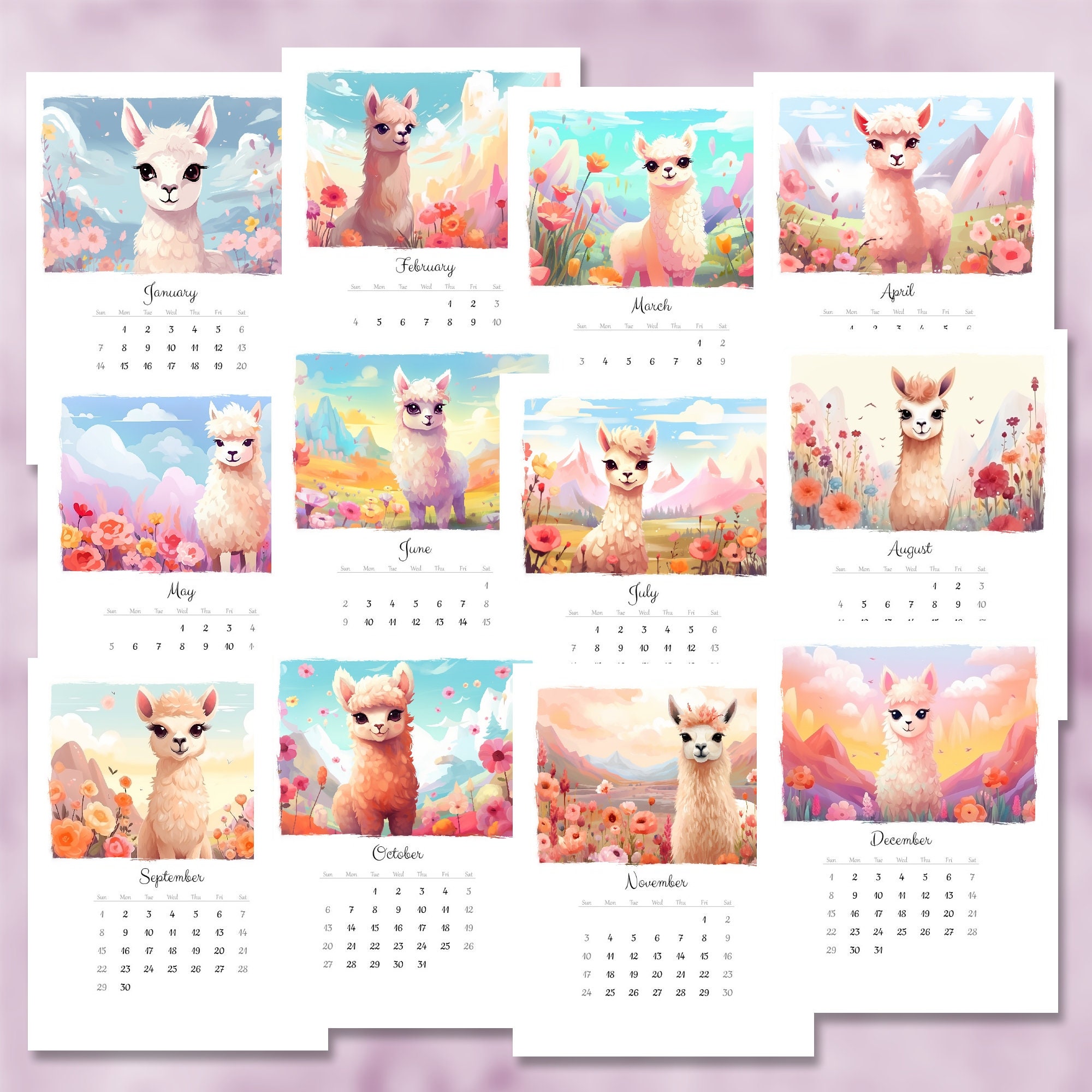 Printable Calendar 2025, Cute Llama, Artistic Monthly Calendar ...