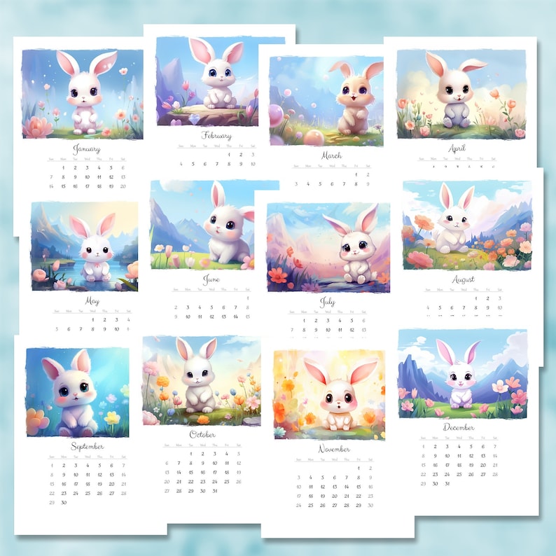 Printable Calendar 2025, Cute Bunny, Artistic Monthly Calendar ...