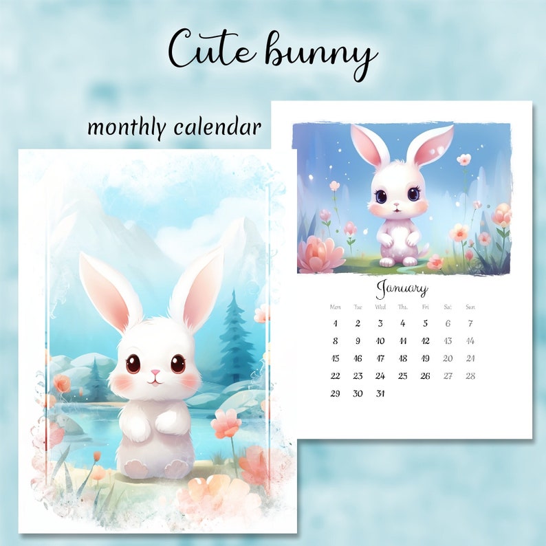 Printable Calendar 2025, Cute Bunny, Artistic Monthly Calendar ...