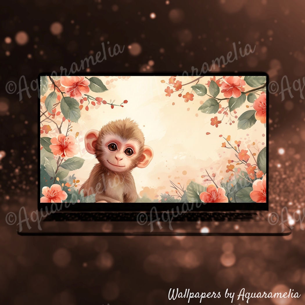 Cute Monkey Desktop Wallpaper, Cute Animal Wallpaper, Mothers Day Gift ...