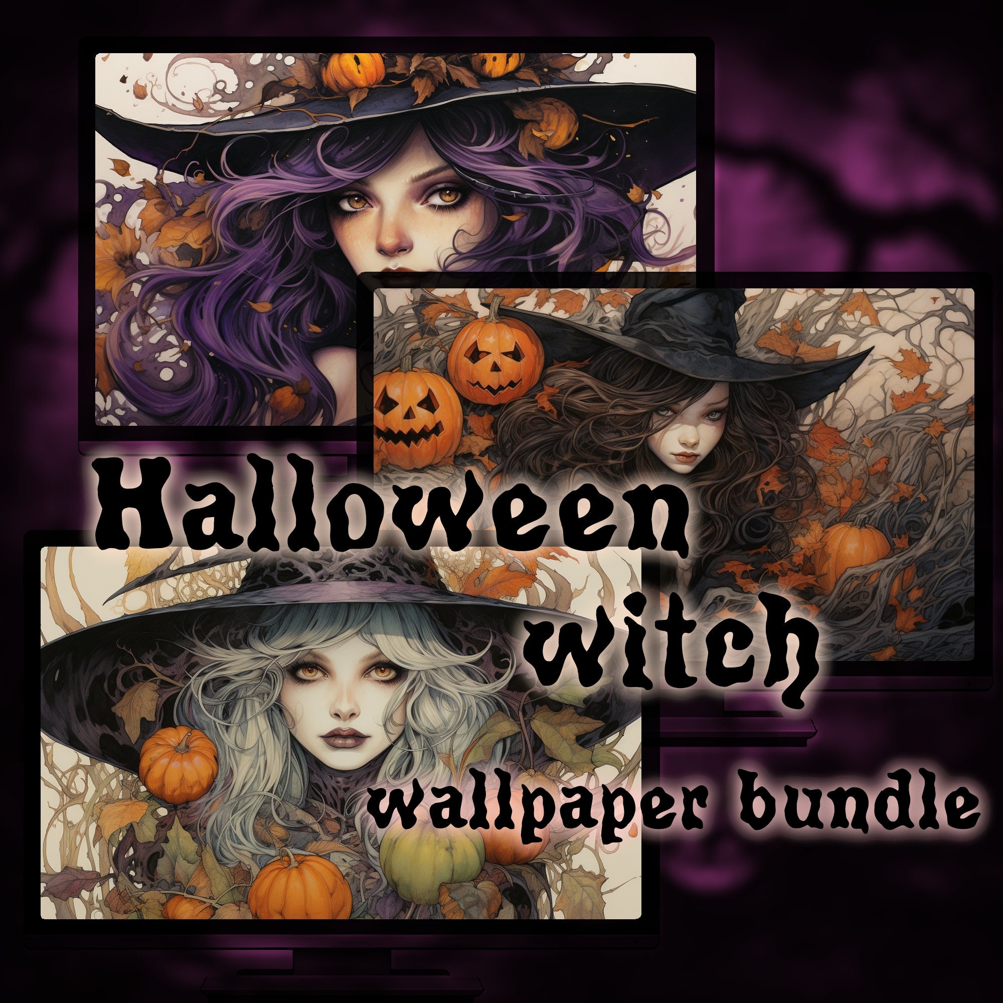 Halloween Witch Desktop Wallpapers, Bundle of 9 Magical Halloween Witch ...