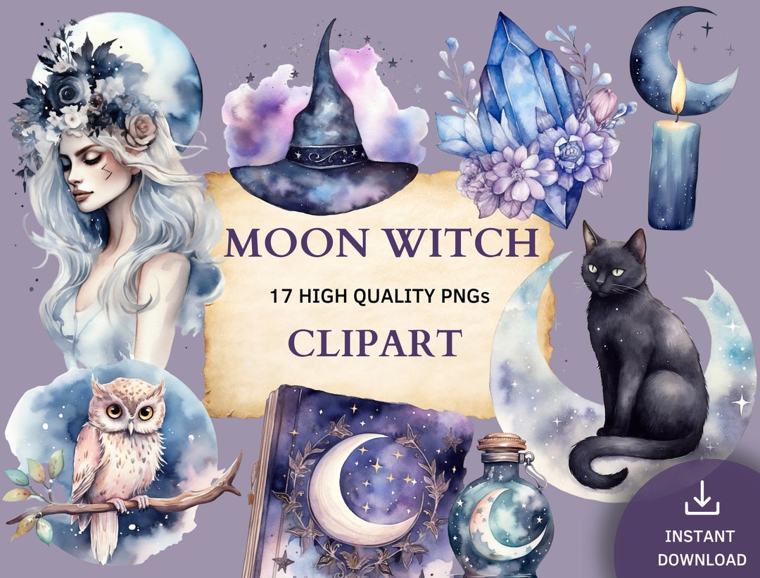 Moon Witch Clipart, Watercolor Witch, Watercolor Celestial, 17 PNG ...