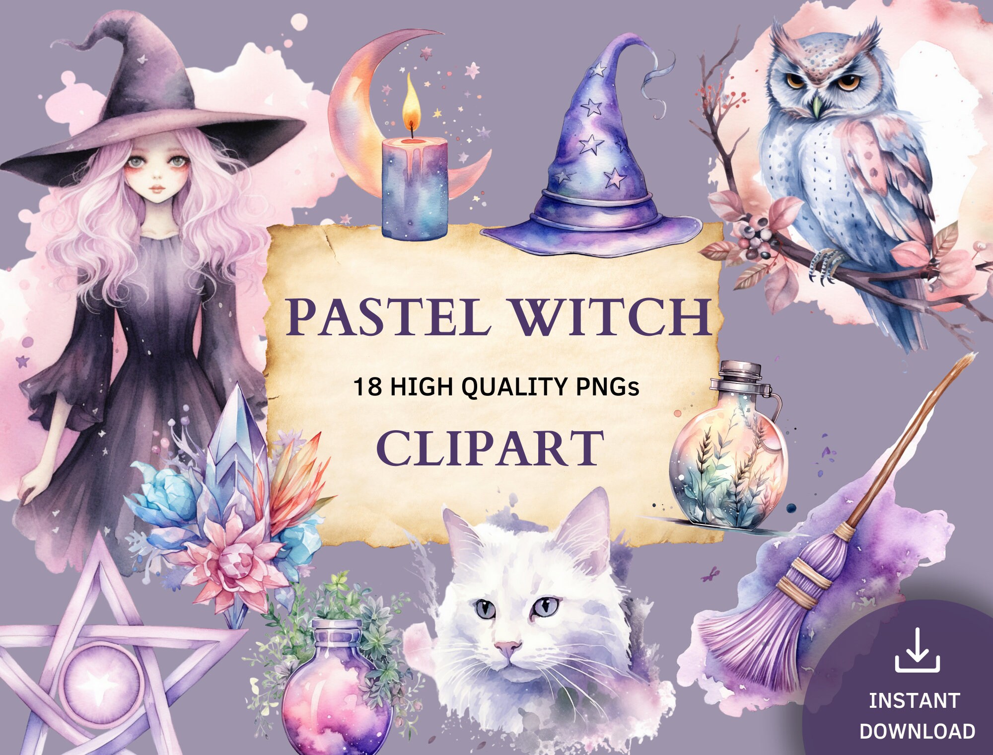 Pastel Witch Clipart, Watercolor Witch, Watercolor Pastel Magick, 18 ...