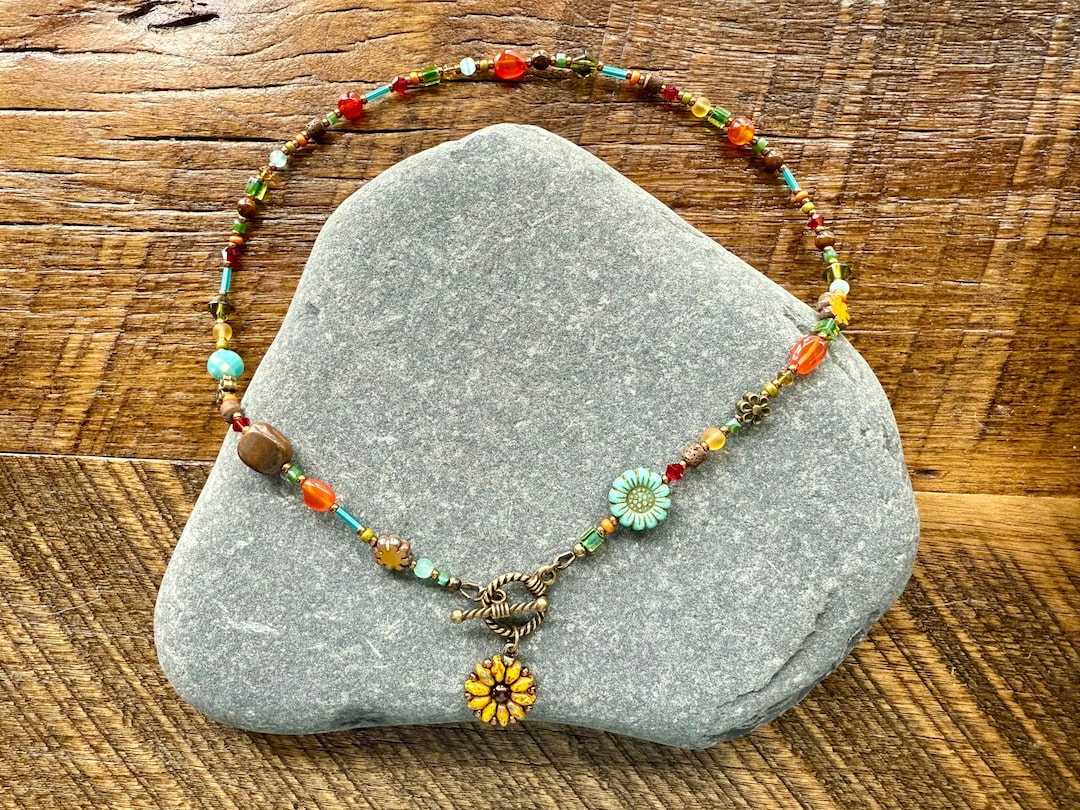 Sunflower Beaded Necklace: Semi-precious Stone, Mixed Czech Glass Beads ...