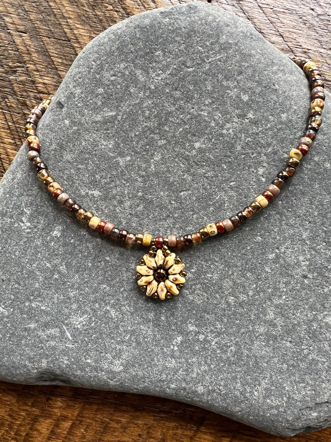 Dainty Sunflower Seed Bead Choker: Czech Glass Beaded Flower Necklace ...
