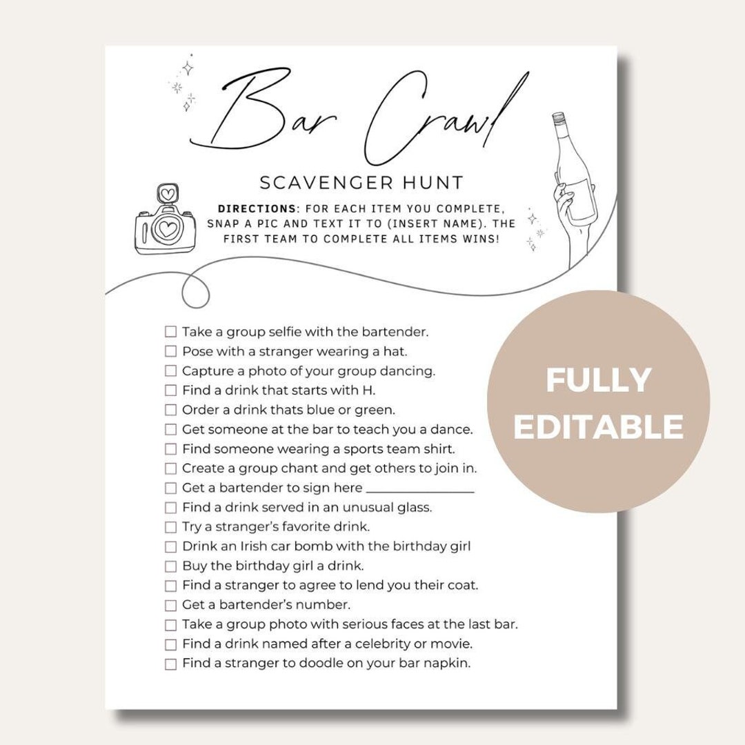 Bar Scavenger Hunt | 21st Birthday Pub Crawl Games for Adult Groups - Etsy